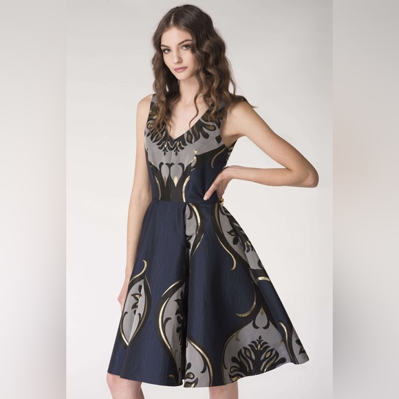 Closet | Dresses | Closet London Navy Gold Jacquard Skater Dress | Poshmark
